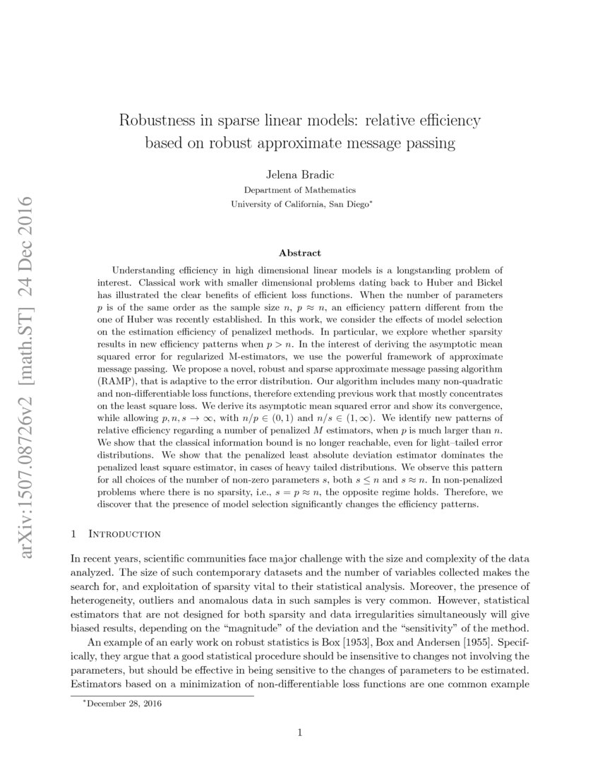 Robustness In Sparse Linear Models Relative Efficiency Based On Robust Approximate Message 2532
