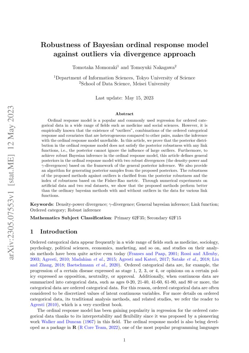 Robustness of Bayesian ordinal response model against outliers via divergence approach | DeepAI