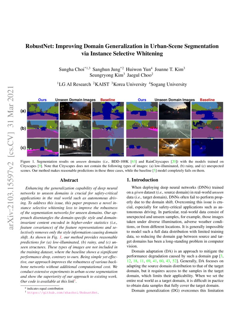 RobustNet: Improving Domain Generalization in Urban-Scene Segmentation via Instance Selective ...