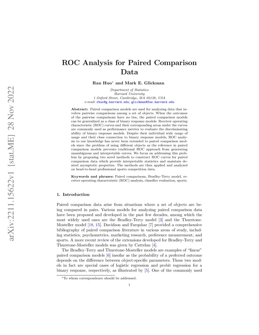 ROC Analysis for Paired Comparison Data | DeepAI