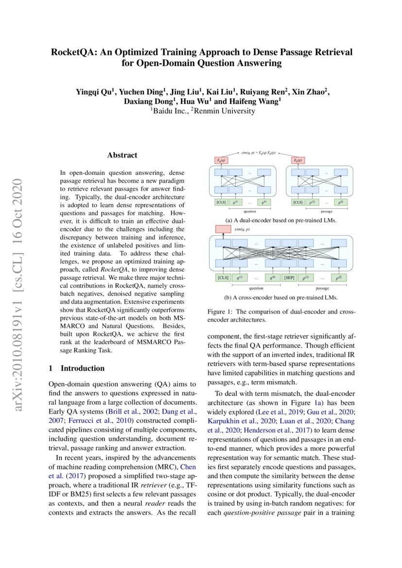 Rocketqa An Optimized Training Approach To Dense Passage Retrieval For