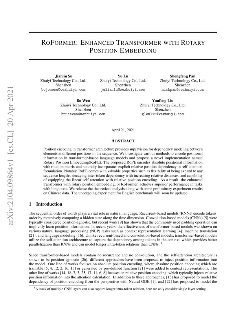 RoFormer: Enhanced Transformer with Rotary Position Embedding | DeepAI RoFormer: Enhanced Transformer with Rotary Position Embedding | DeepAI