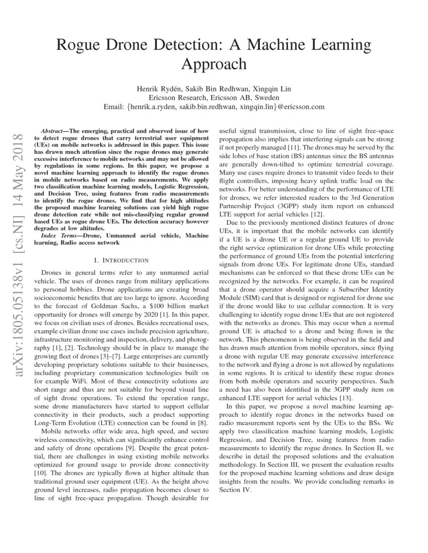 Rogue Drone Detection: A Machine Learning Approach | DeepAI