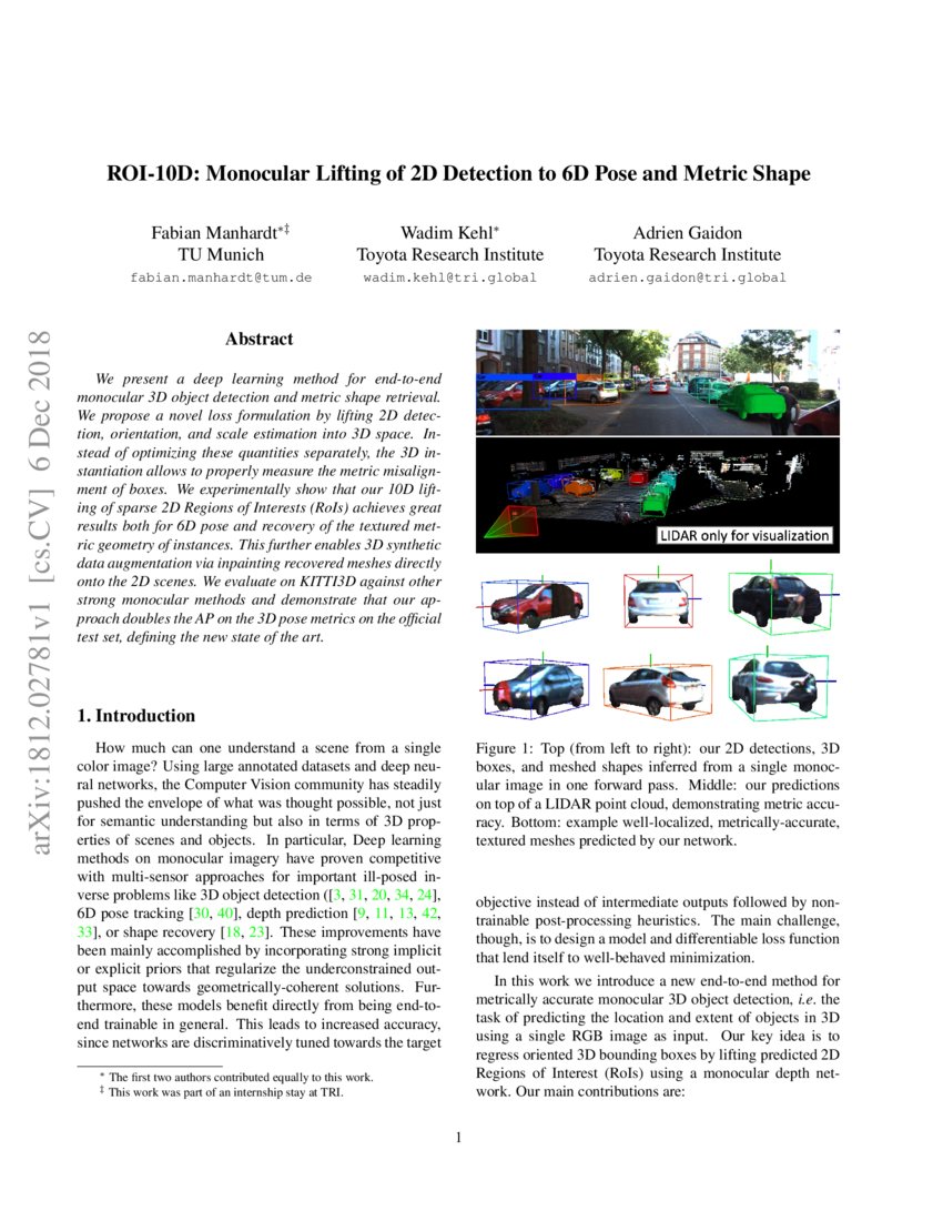 ROI-10D: Monocular Lifting of 2D Detection to 6D Pose and Metric Shape ...