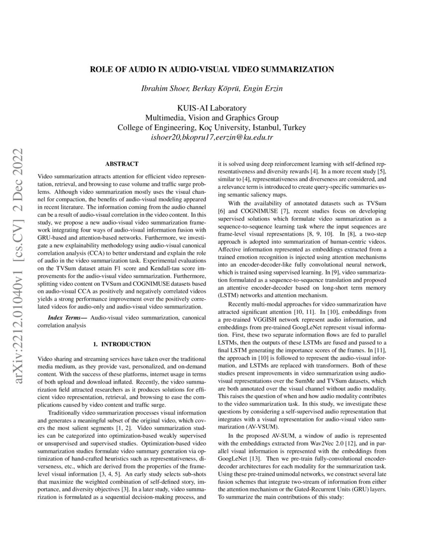 Role of Audio in Audio-Visual Video Summarization | DeepAI