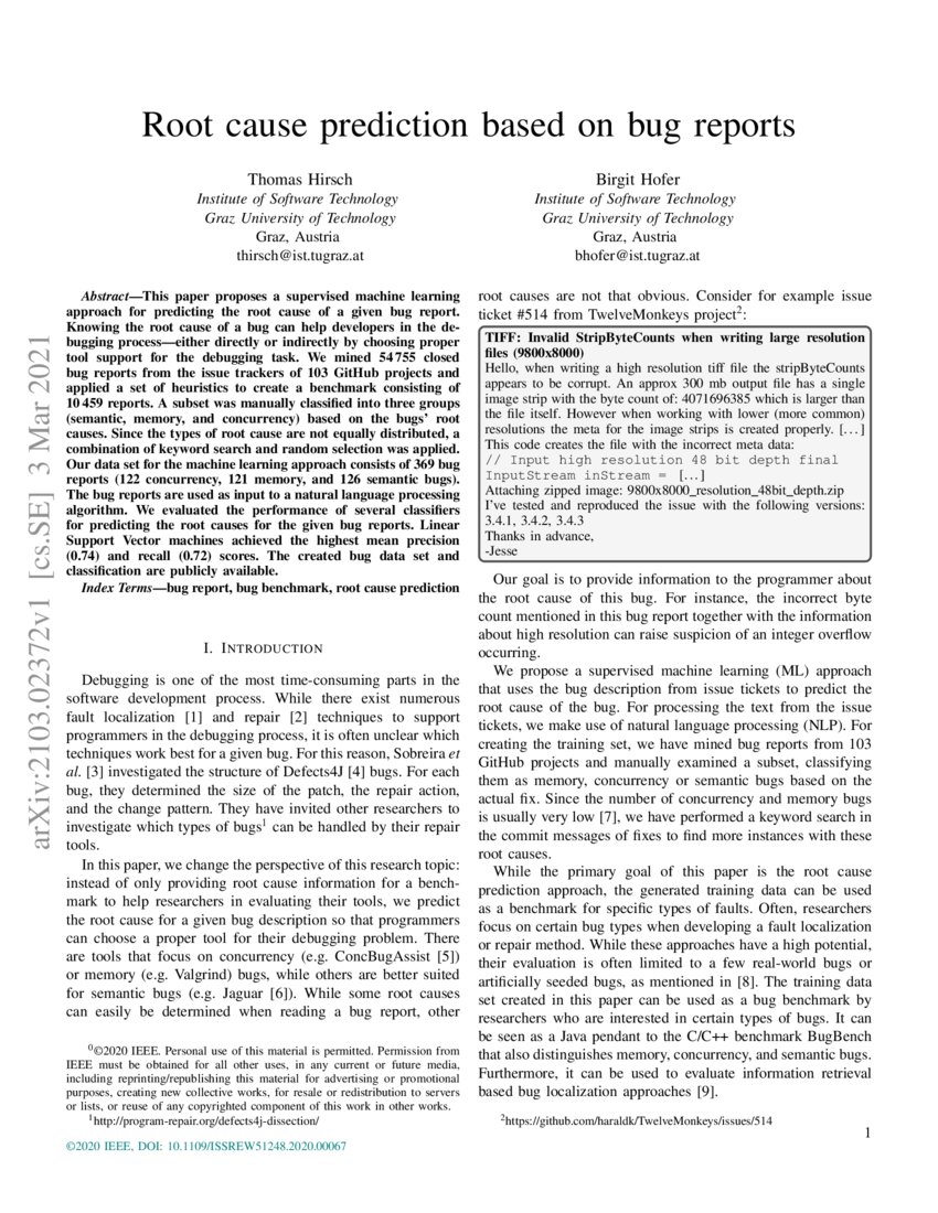 Root cause prediction based on bug reports | DeepAI