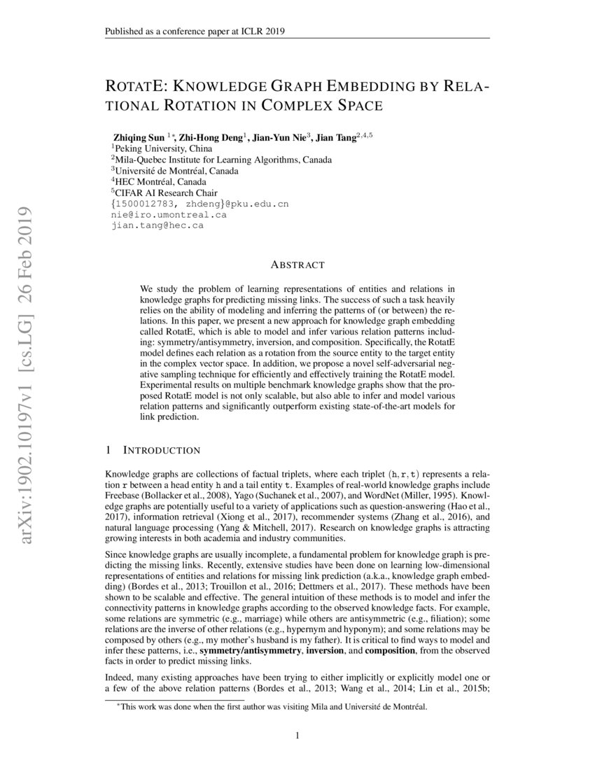 RotatE: Knowledge Graph Embedding by Relational Rotation in Complex ... RotatE: Knowledge Graph Embedding by Relational Rotation in Complex ...