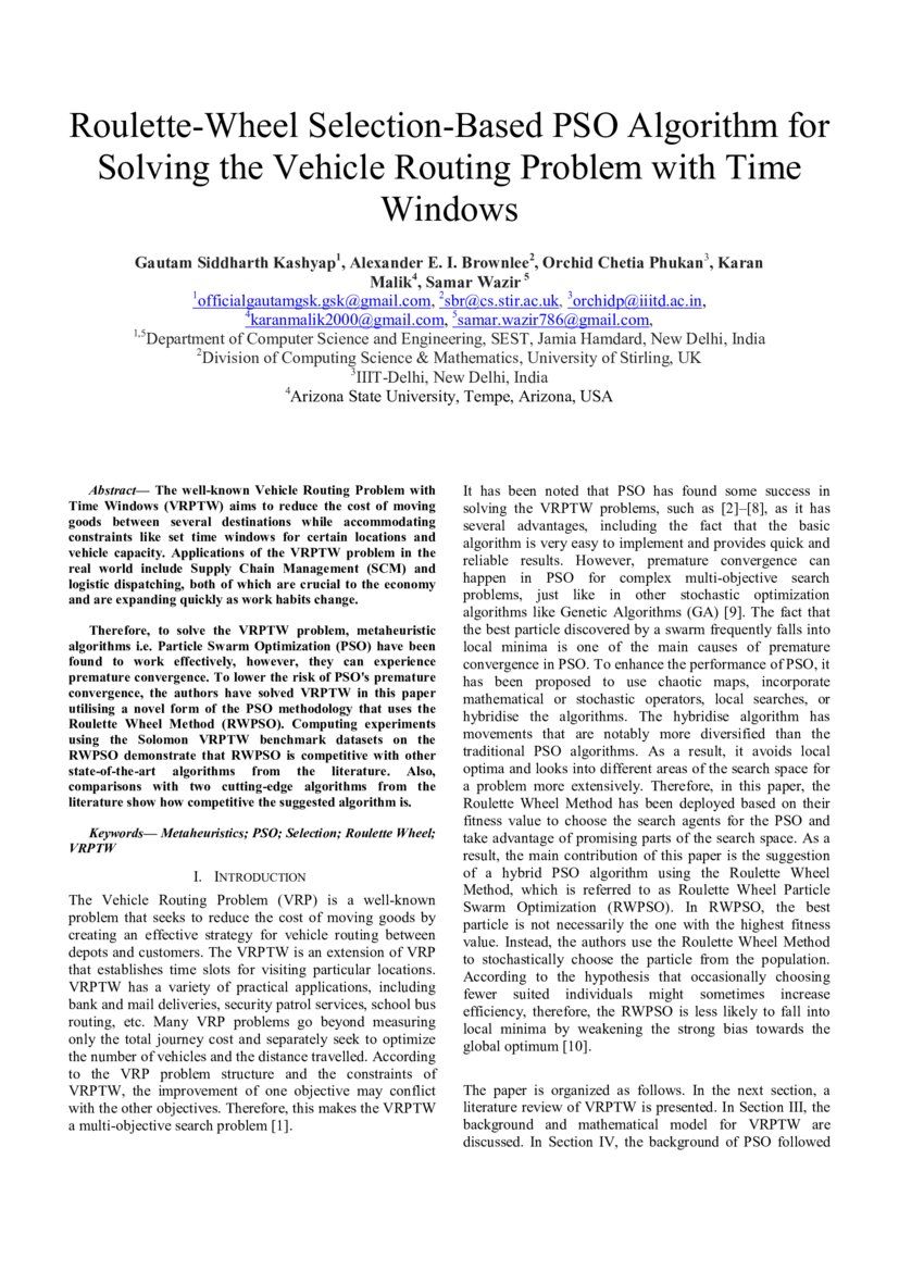 Roulette Wheel Selection Based Pso Algorithm For Solving The Vehicle Routing Problem With Time