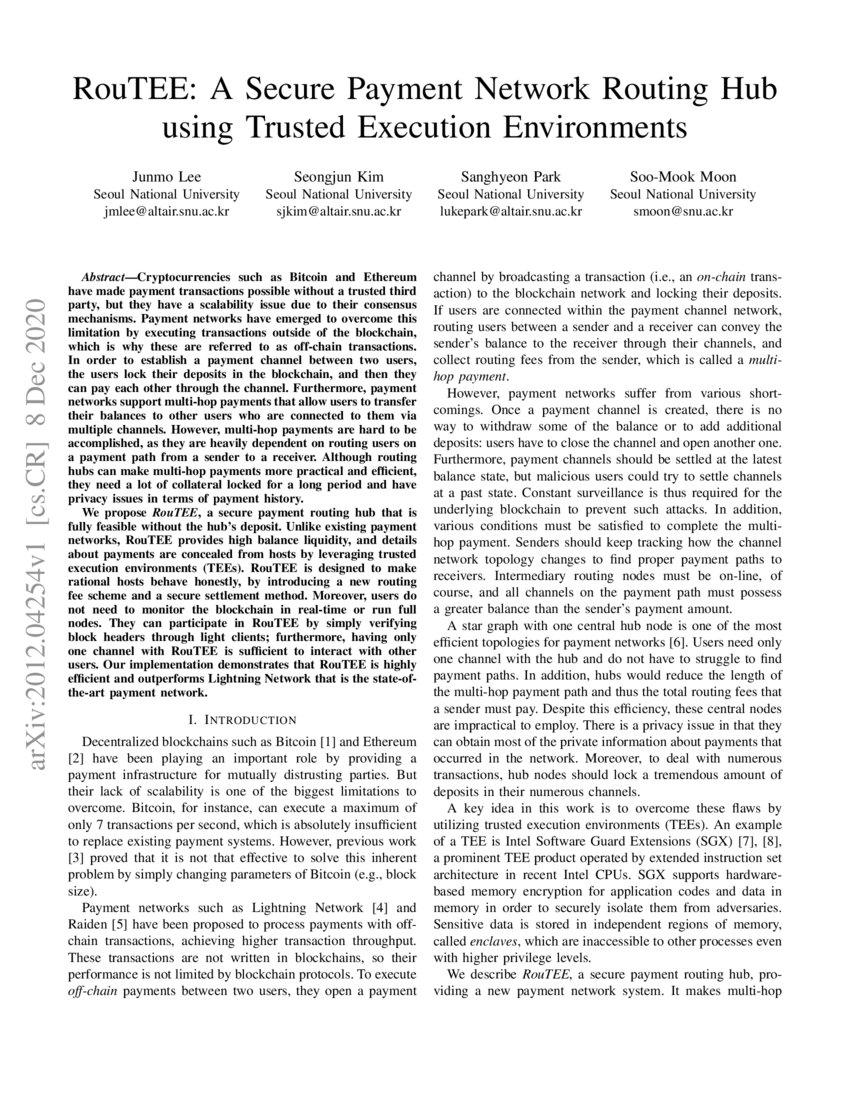 RouTEE: A Secure Payment Network Routing Hub using Trusted Execution Environments | DeepAI