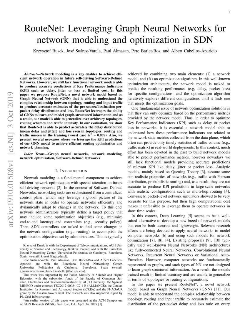 Routenet Leveraging Graph Neural Networks For Network Modeling And Optimization In Sdn Deepai