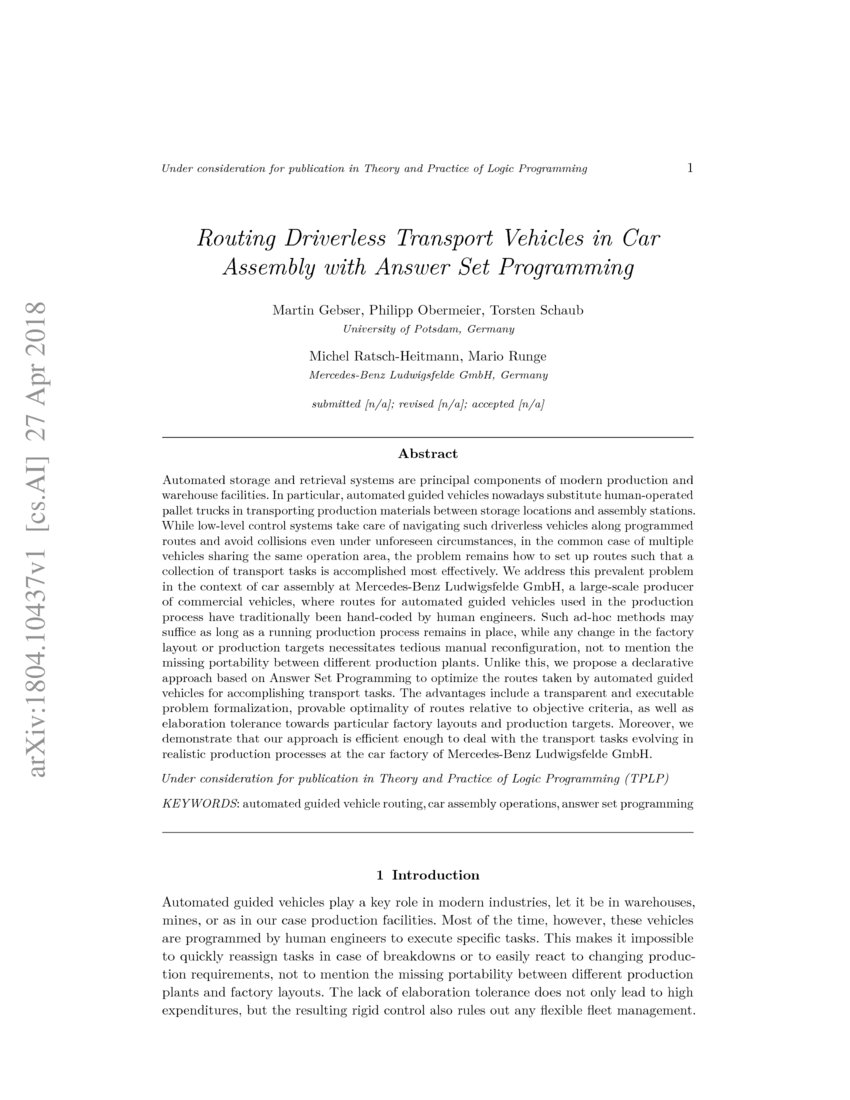 Routing Driverless Transport Vehicles in Car Assembly with Answer Set ...