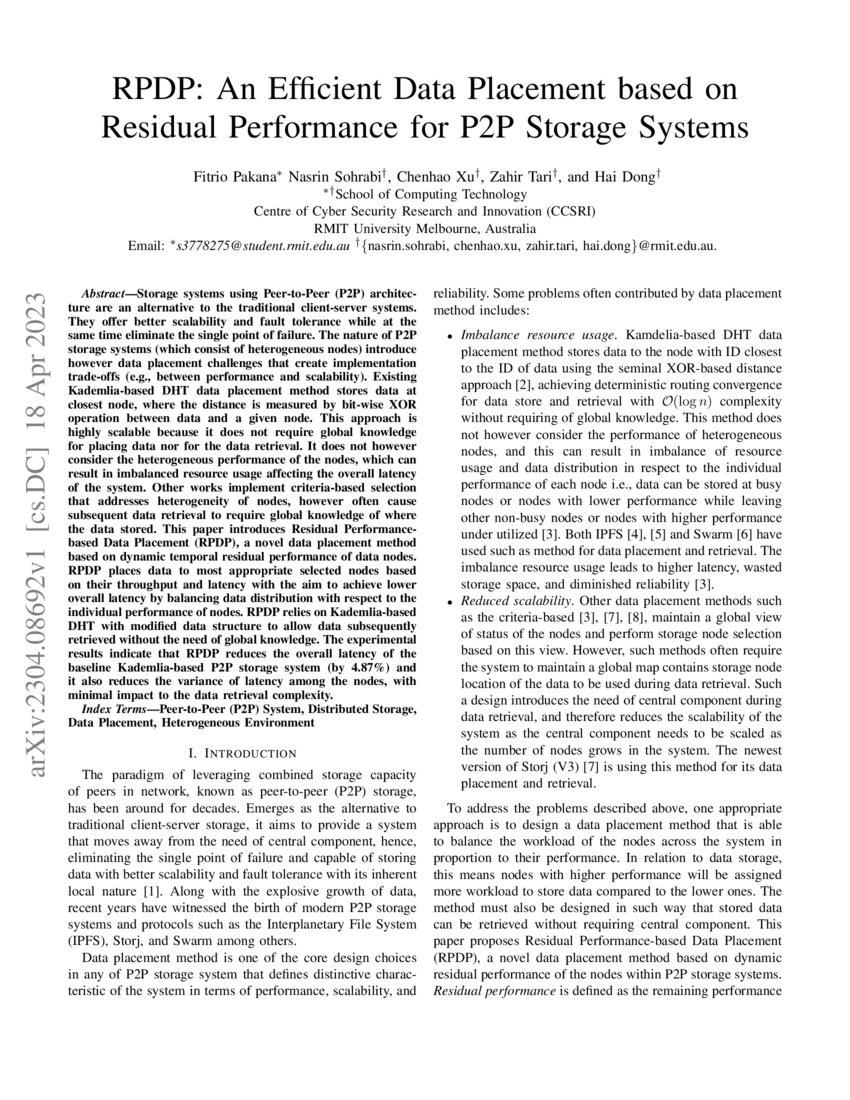 Rpdp An Efficient Data Placement Based On Residual Performance For P2p
