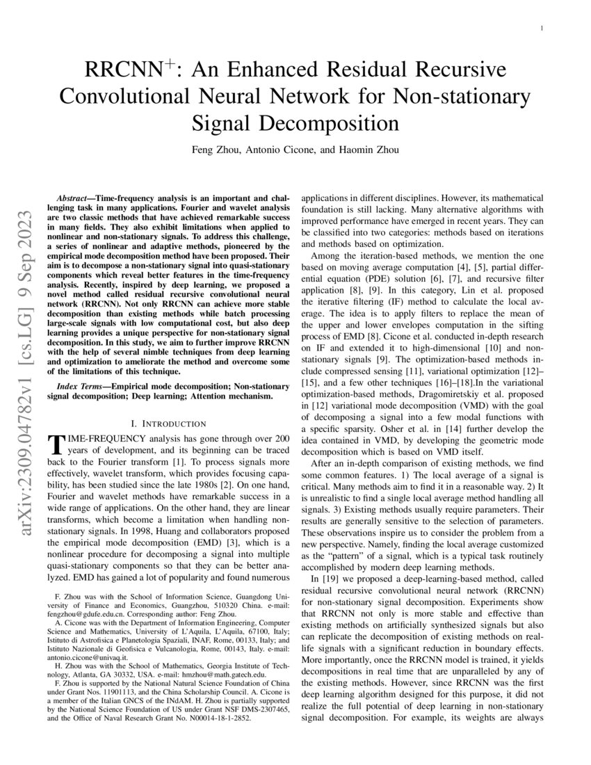 Rrcnn An Enhanced Residual Recursive Convolutional Neural Network For Non Stationary Signal