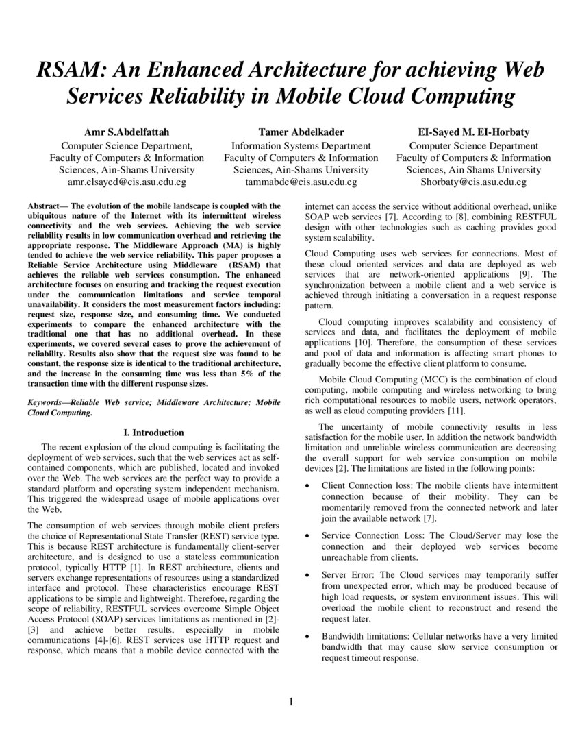 RSAM: An Enhanced Architecture for achieving Web Services Reliability in Mobile Cloud Computing ...