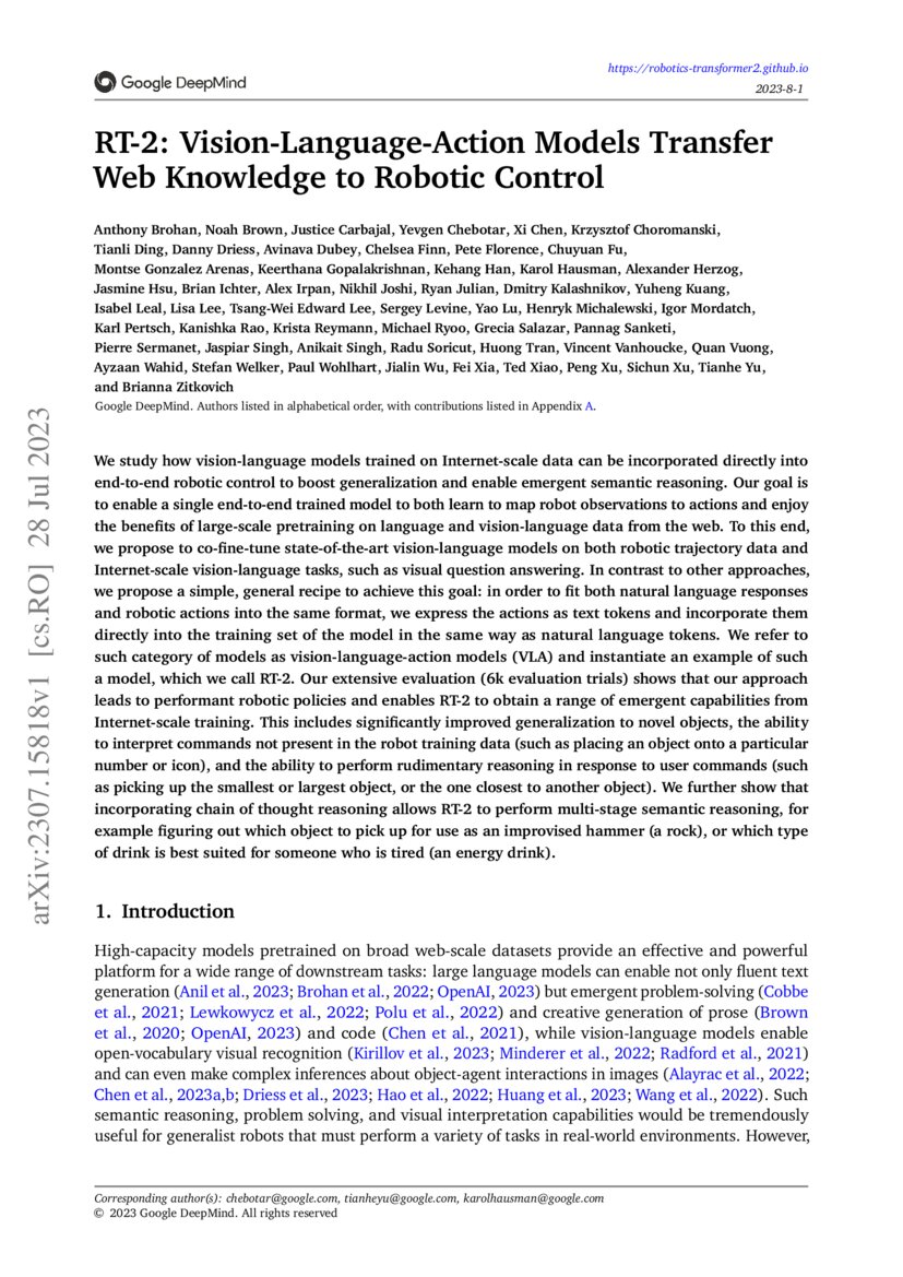 RT-2: Vision-Language-Action Models Transfer Web Knowledge to Robotic Control | DeepAI