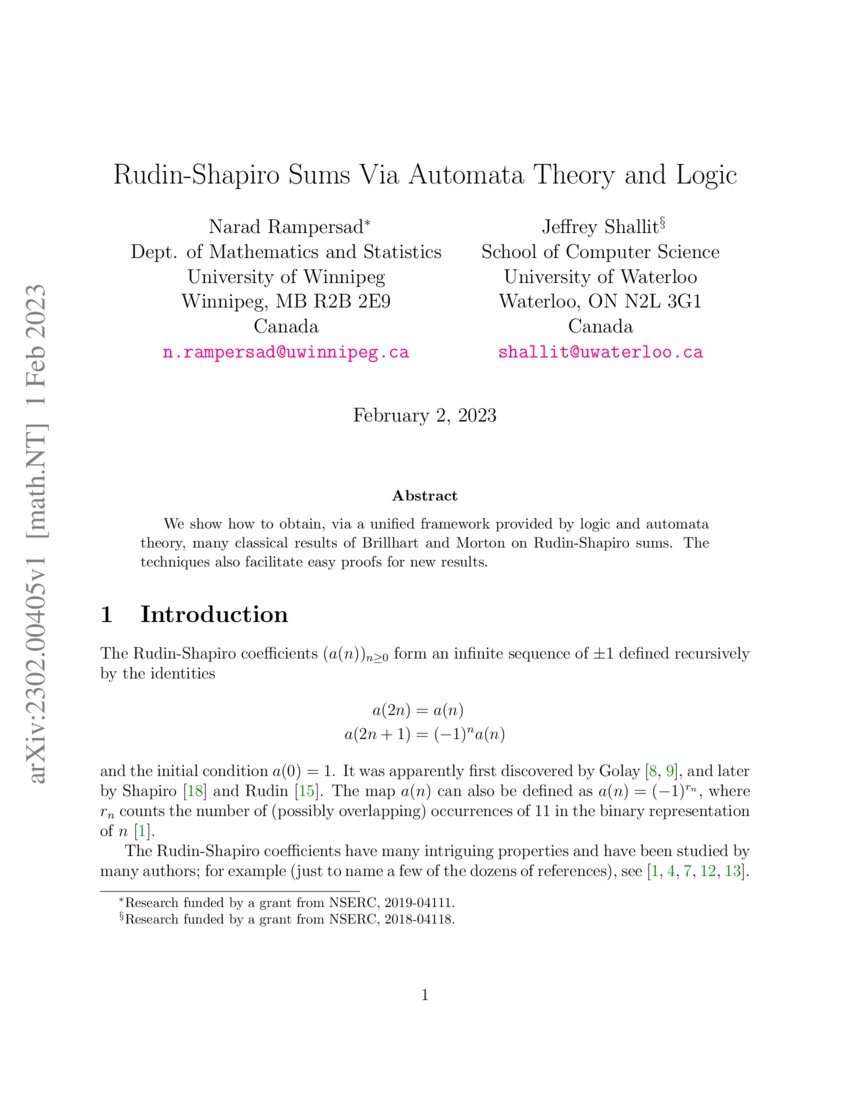 Rudin-Shapiro Sums Via Automata Theory and Logic | DeepAI