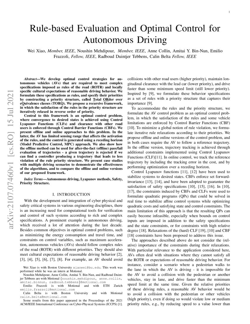 Rule-based Evaluation and Optimal Control for Autonomous Driving | DeepAI