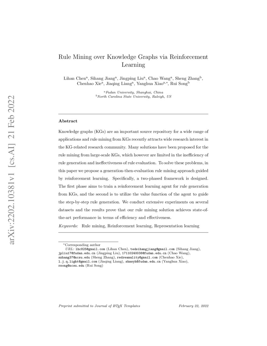 Rule Mining over Knowledge Graphs via Reinforcement Learning | DeepAI