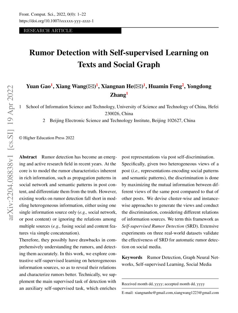 Rumor Detection with Self-supervised Learning on Texts and Social Graph | DeepAI