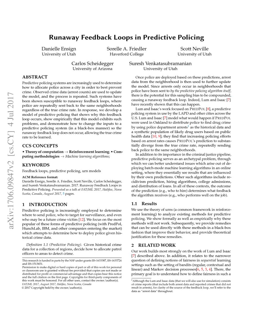 Runaway Feedback Loops in Predictive Policing | DeepAI