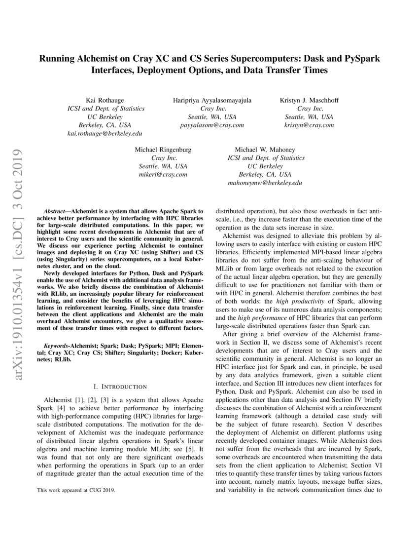 Running Alchemist on Cray XC and CS Series Supercomputers: Dask and ...