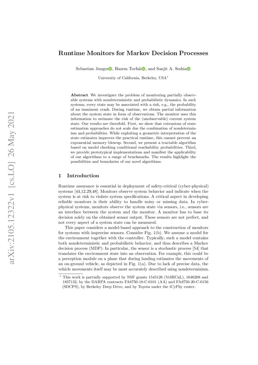 Runtime Monitoring for Markov Decision Processes | DeepAI