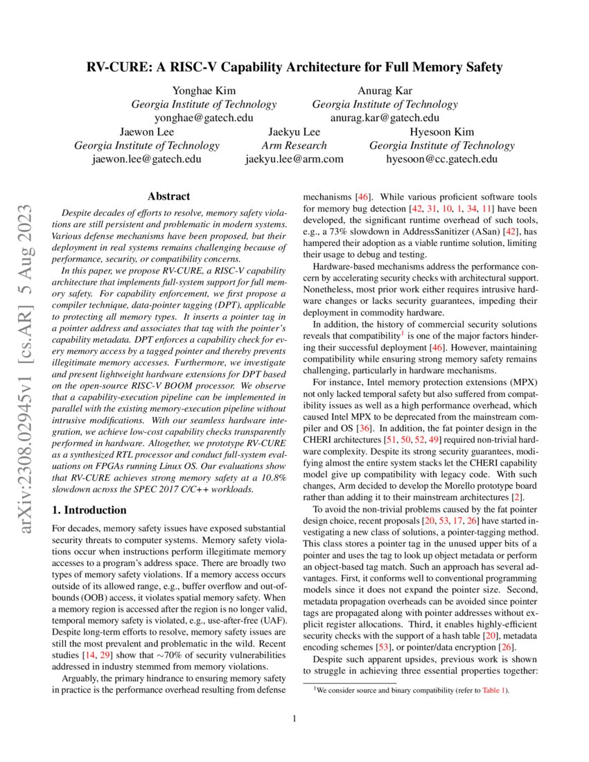 RV-CURE: A RISC-V Capability Architecture for Full Memory Safety | DeepAI