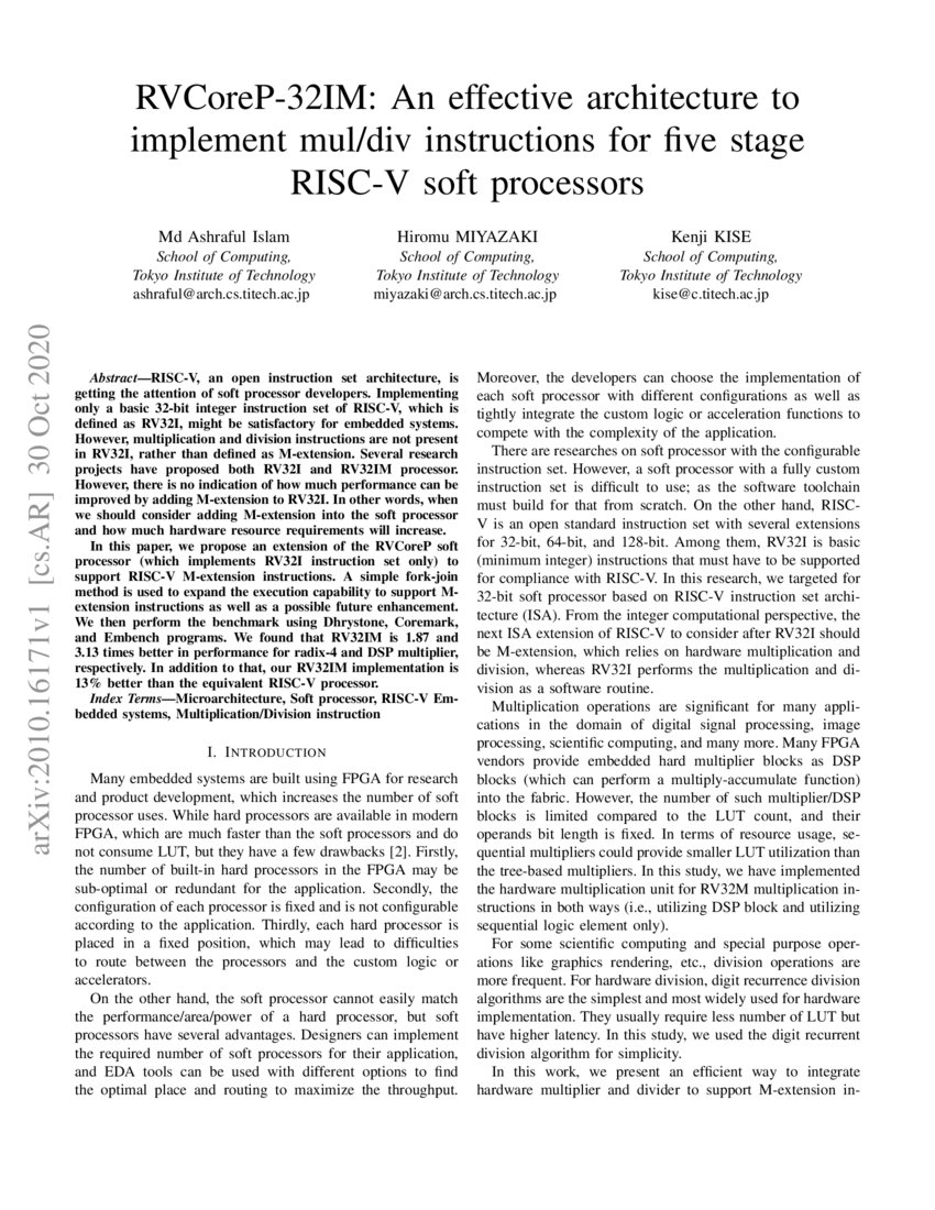 RVCoreP-32IM: An effective architecture to implement mul/div instructions for five stage RISC-V ...