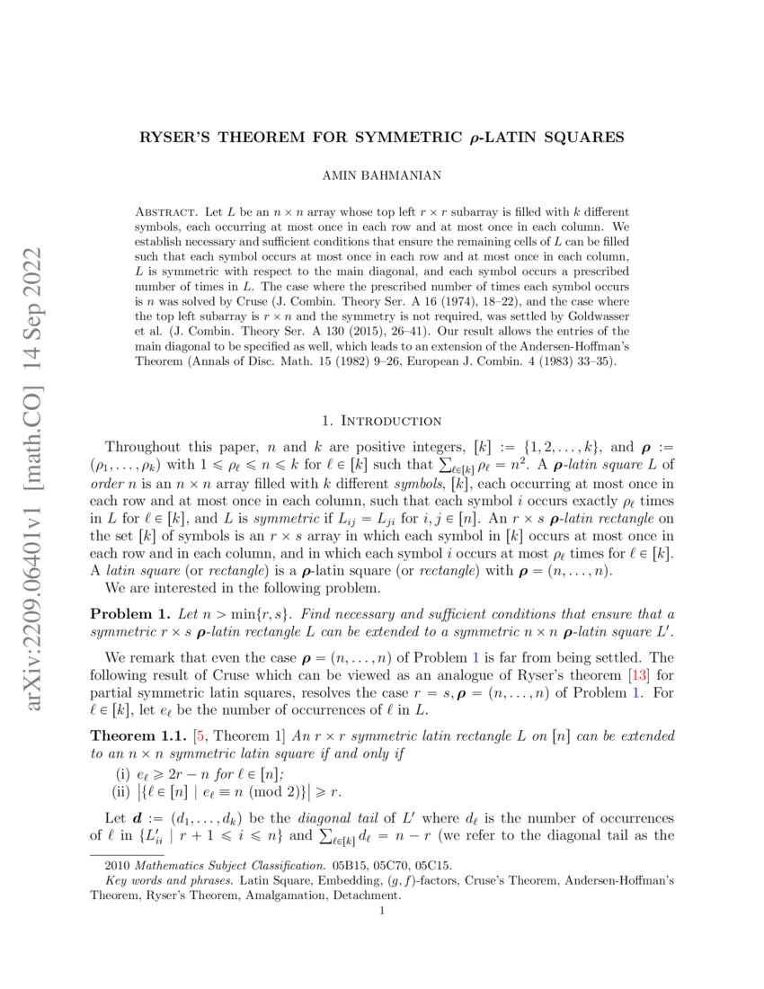 Ryser's Theorem for Symmetric ρ-latin Squares | DeepAI