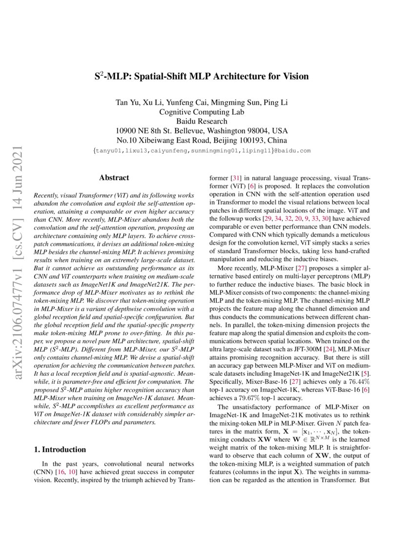 S^2-MLP: Spatial-Shift MLP Architecture for Vision | DeepAI