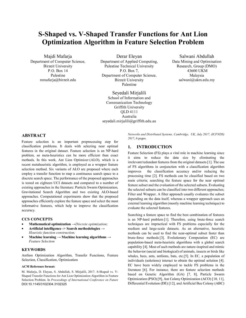 S-Shaped vs. V-Shaped Transfer Functions for Antlion Optimization Algorithm in Feature Selection ...