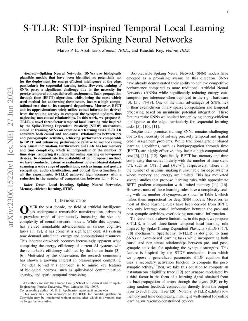 S Tllr Stdp Inspired Temporal Local Learning Rule For Spiking Neural Networks Deepai