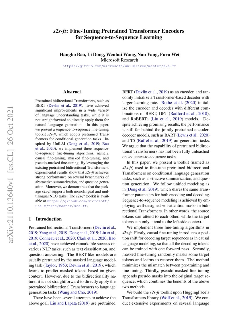 S2s Ft Fine Tuning Pretrained Transformer Encoders For Sequence To Sequence Learning Deepai