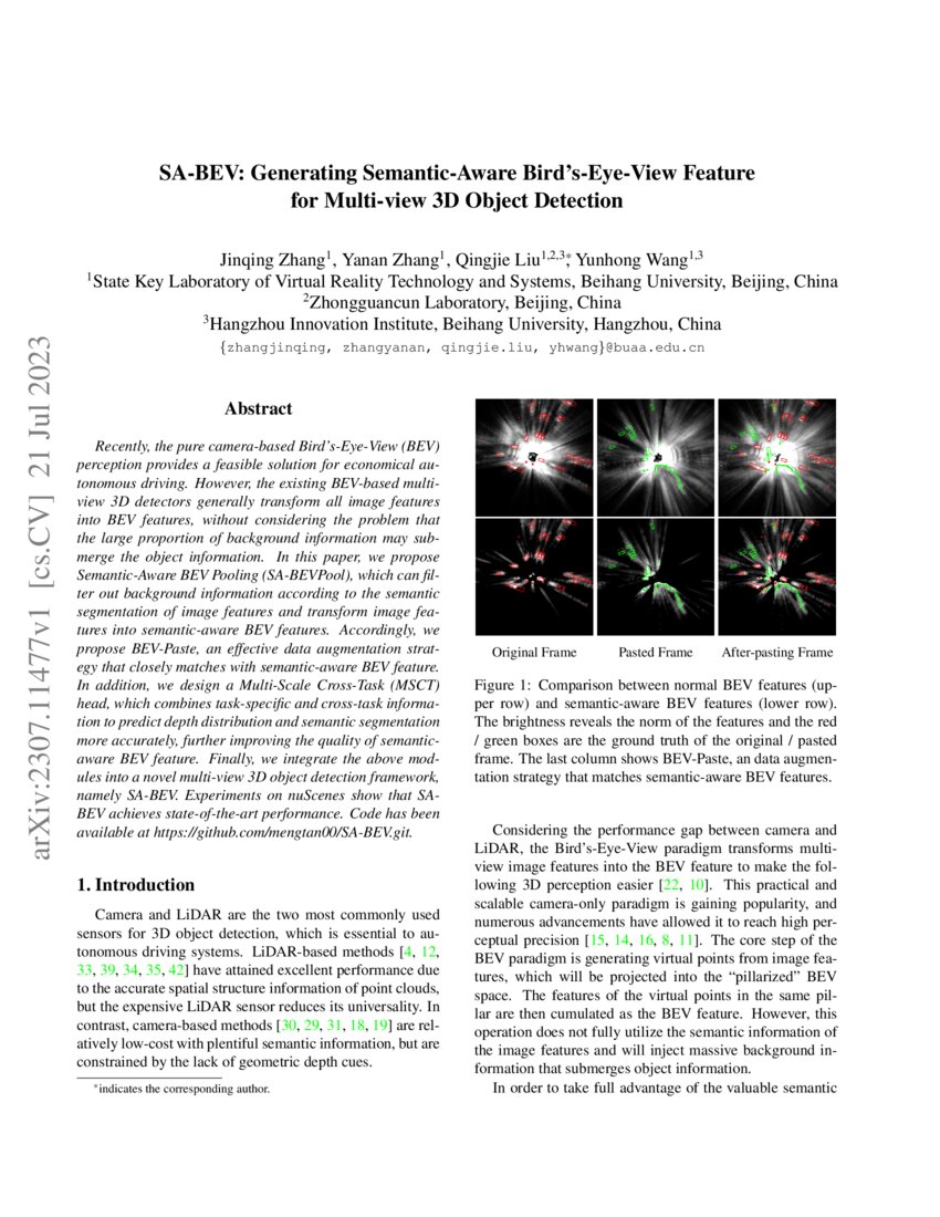 Sa Bev Generating Semantic Aware Bird S Eye View Feature For Multi View 3d Object Detection
