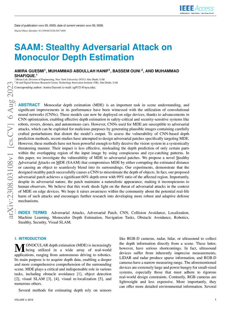 SAAM: Stealthy Adversarial Attack on Monoculor Depth Estimation | DeepAI