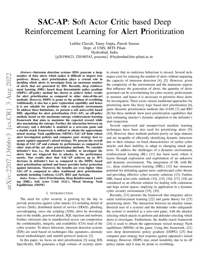 Sac Ap Soft Actor Critic Based Deep Reinforcement Learning For Alert