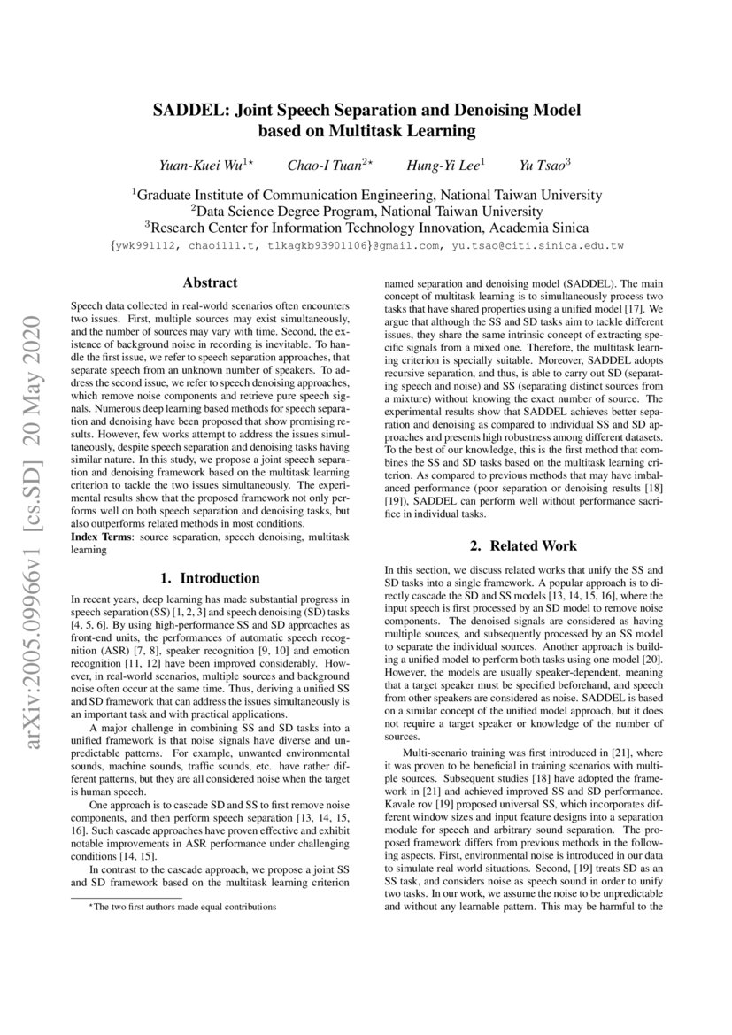 SADDEL: Joint Speech Separation and Denoising Model based on Multitask Learning | DeepAI