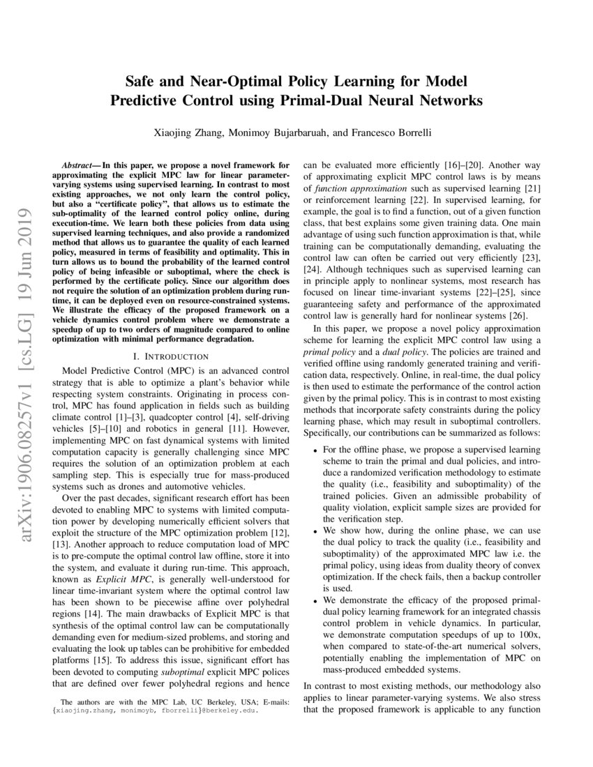 Safe And Near Optimal Policy Learning For Model Predictive Control Using Primal Dual Neural