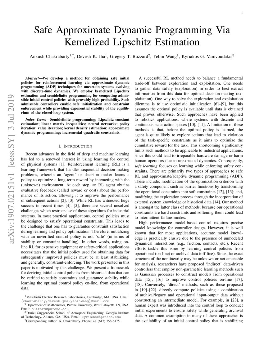 Safe Approximate Dynamic Programming Via Kernelized Lipschitz Estimation Deepai