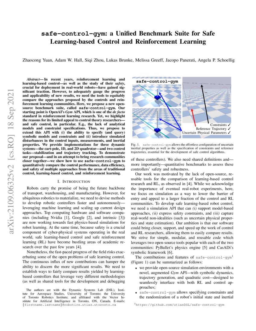 safe-control-gym: a Unified Benchmark Suite for Safe Learning-based Control and Reinforcement ...