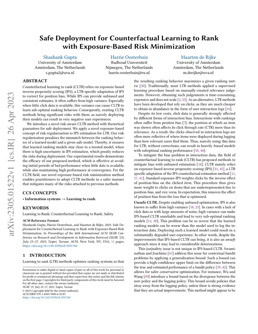 Safe Deployment For Counterfactual Learning To Rank With Exposure Based Risk Minimization Deepai