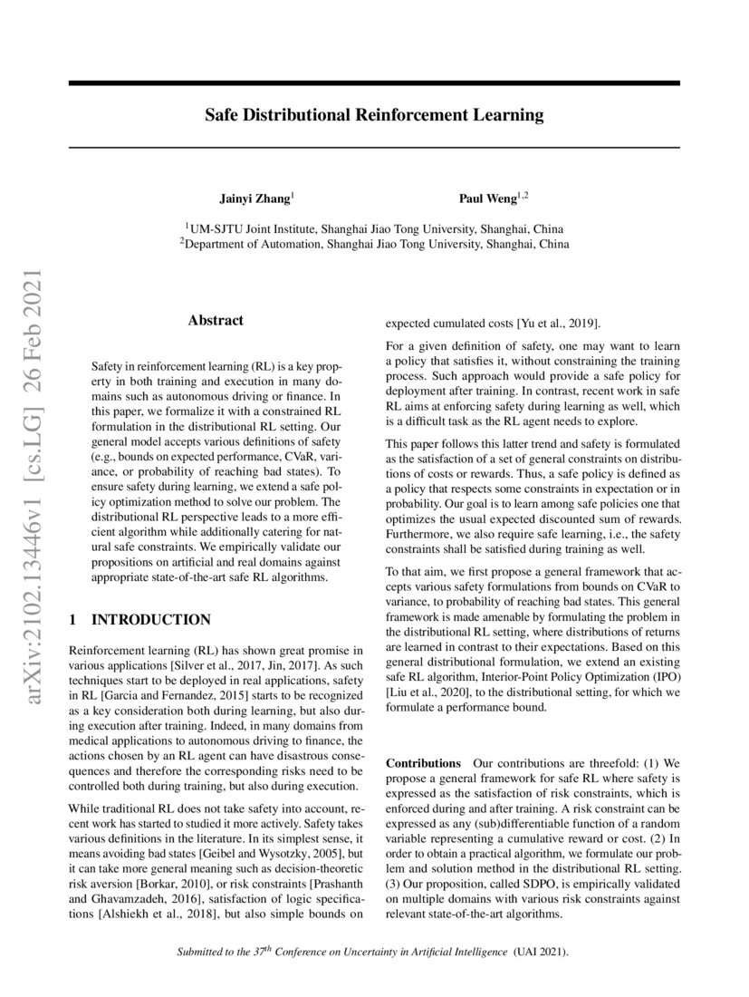 Safe Distributional Reinforcement Learning Deepai