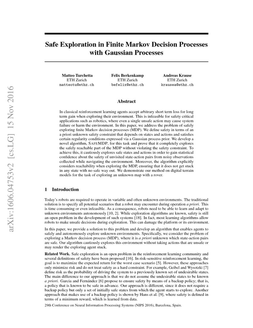 Safe Exploration in Finite Markov Decision Processes with Gaussian Processes | DeepAI