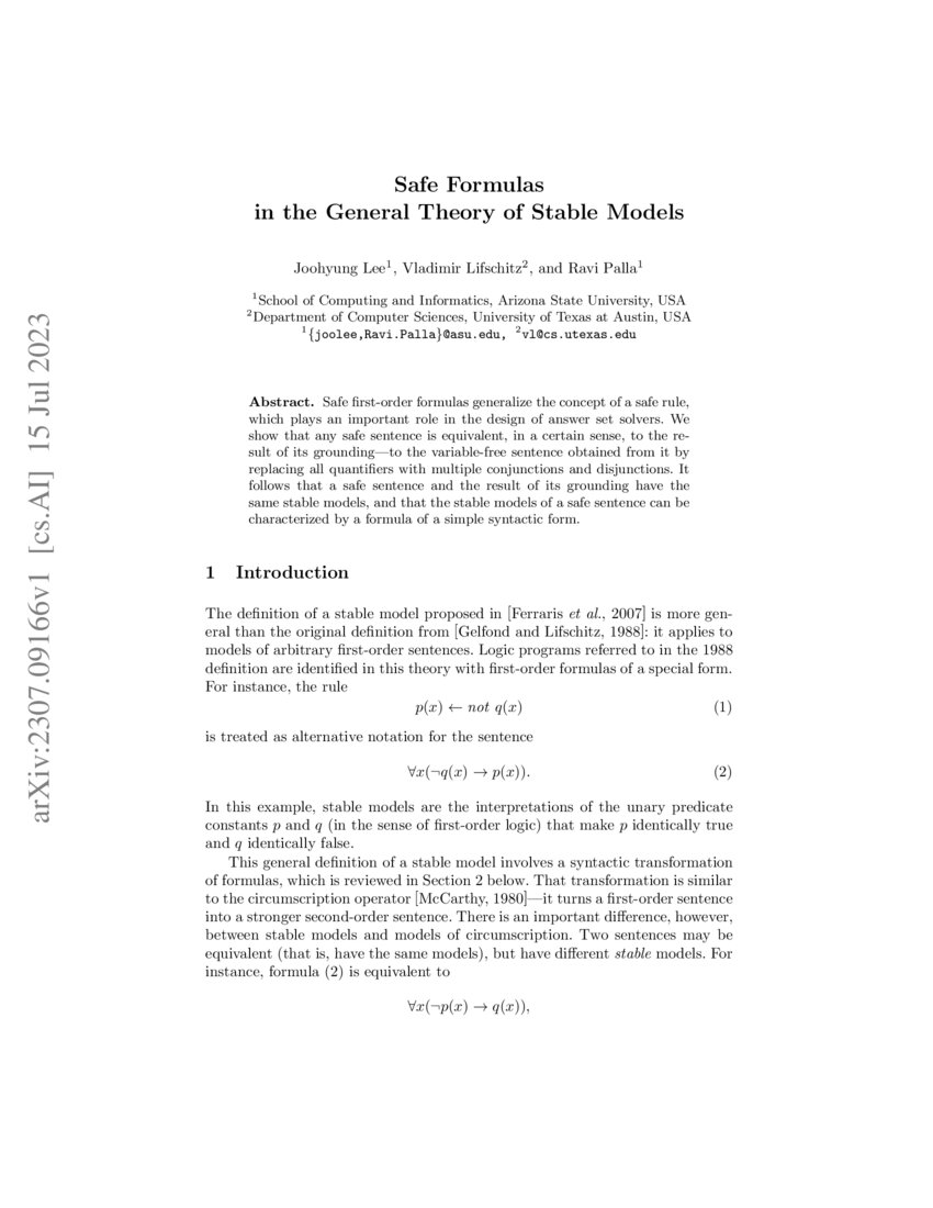 Safe Formulas in the General Theory of Stable Models | DeepAI