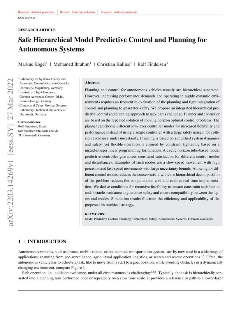 Safe Hierarchical Model Predictive Control And Planning For Autonomous