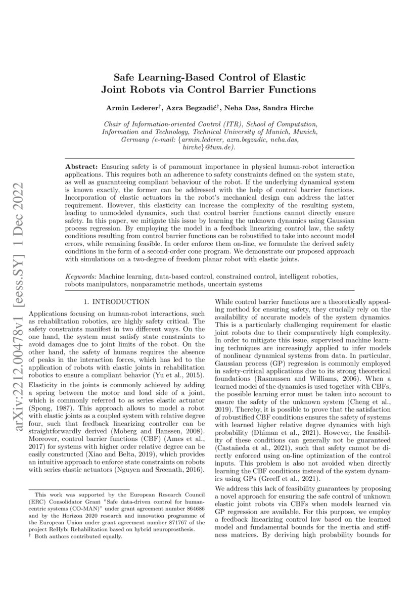 Safe Learning Based Control Of Elastic Joint Robots Via Control Barrier Functions Deepai