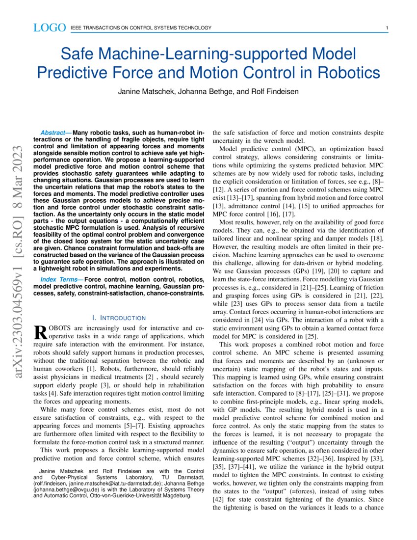 Safe Machine-Learning-supported Model Predictive Force and Motion Control in Robotics | DeepAI