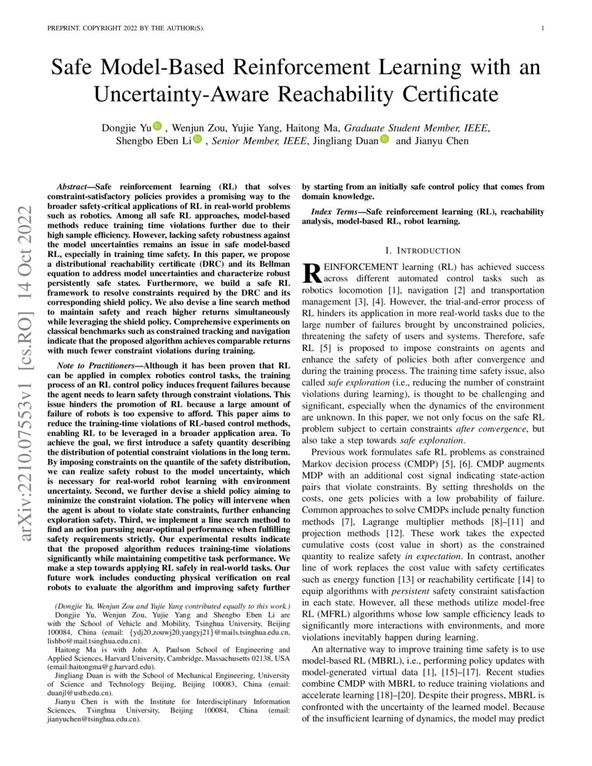 Safe Model-Based Reinforcement Learning with an Uncertainty-Aware Reachability Certificate | DeepAI