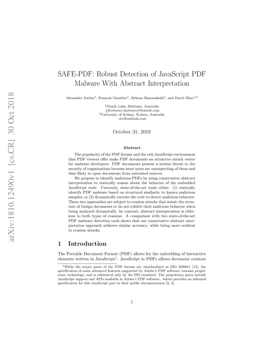 Safe Pdf Robust Detection Of Javascript Pdf Malware Using Abstract Interpretation Deepai
