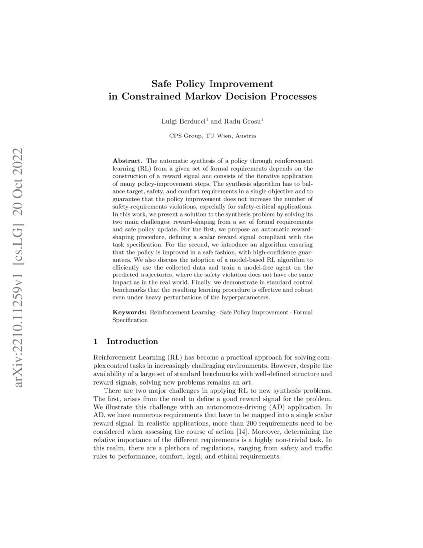 Safe Policy Improvement In Constrained Markov Decision Processes Deepai